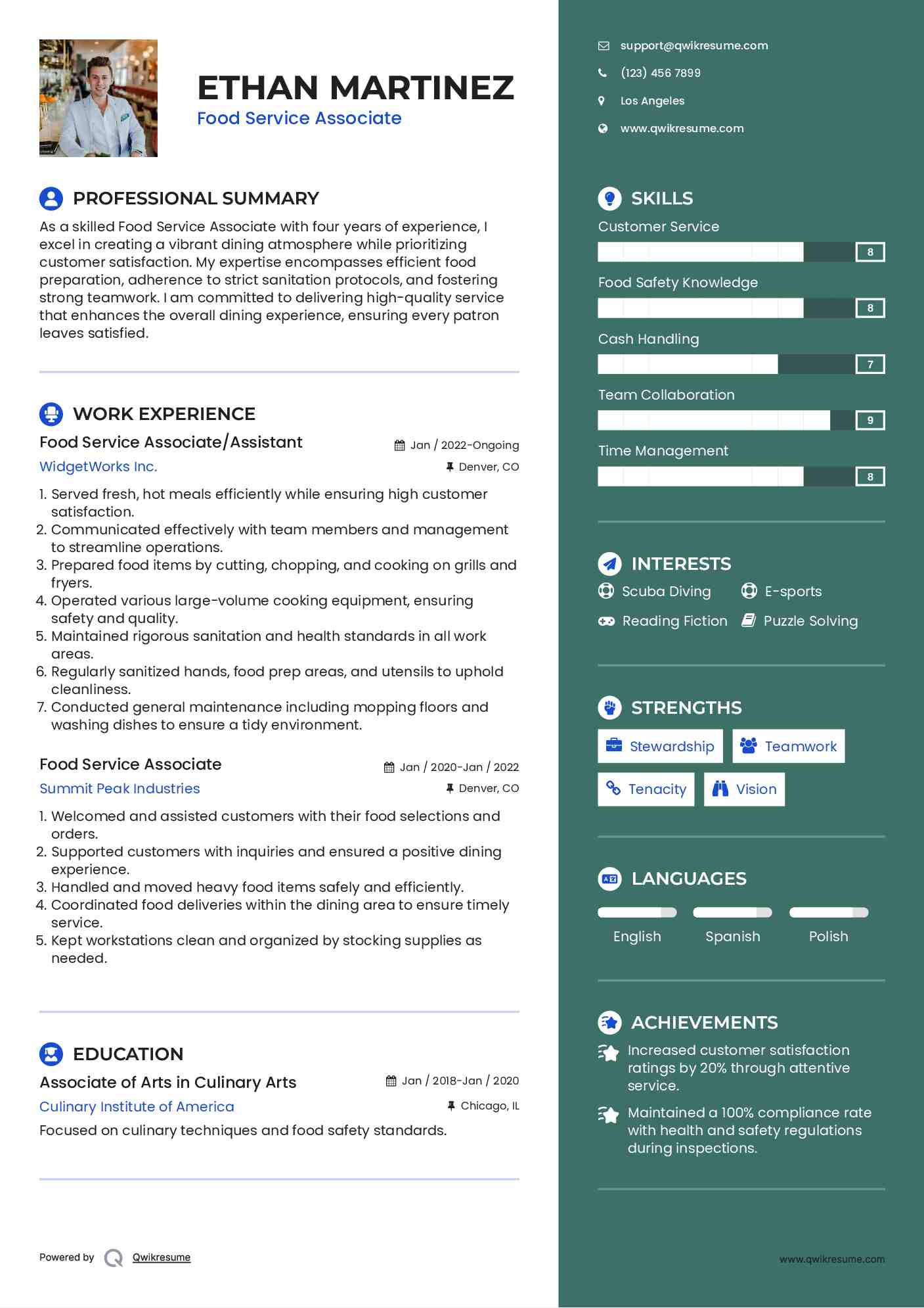 Food Service Associate Resume Samples QwikResume