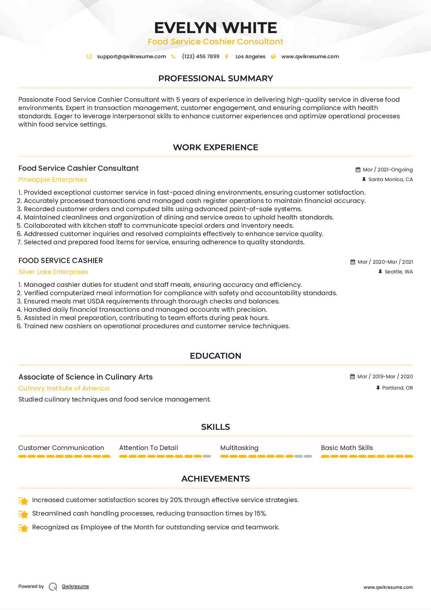 Food Service Cashier Resume Samples QwikResume