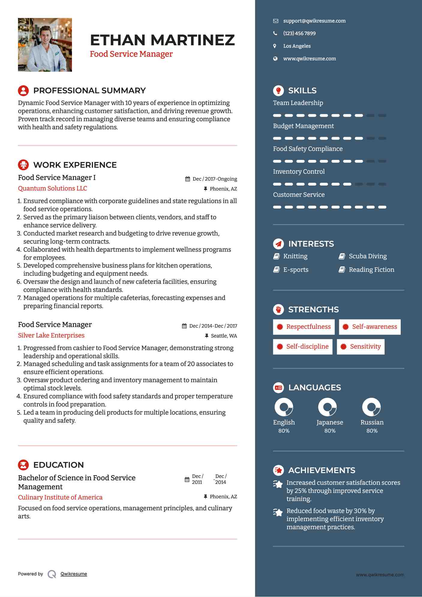Food Service Manager Resume Samples QwikResume