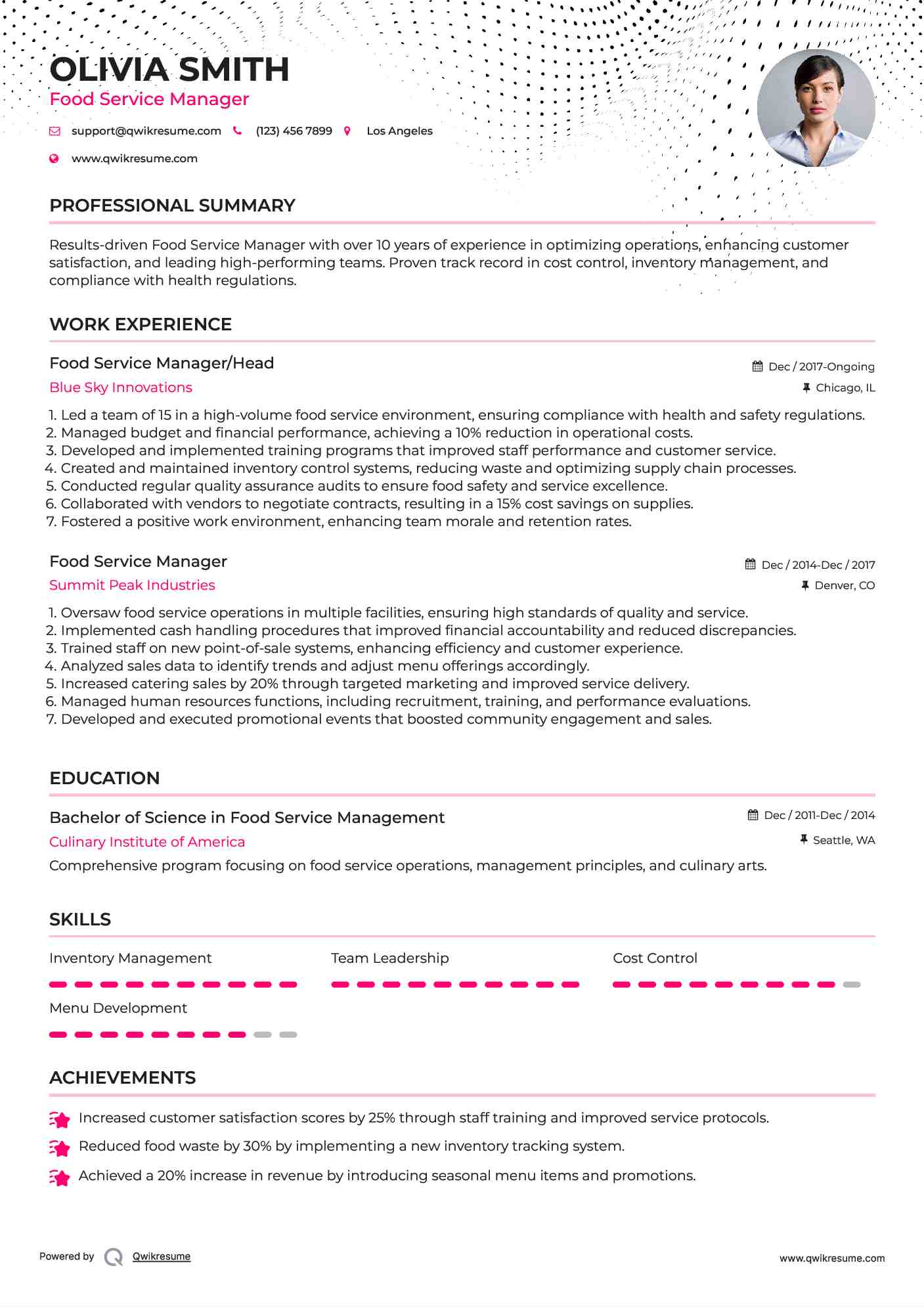Food Service Manager Resume Samples QwikResume