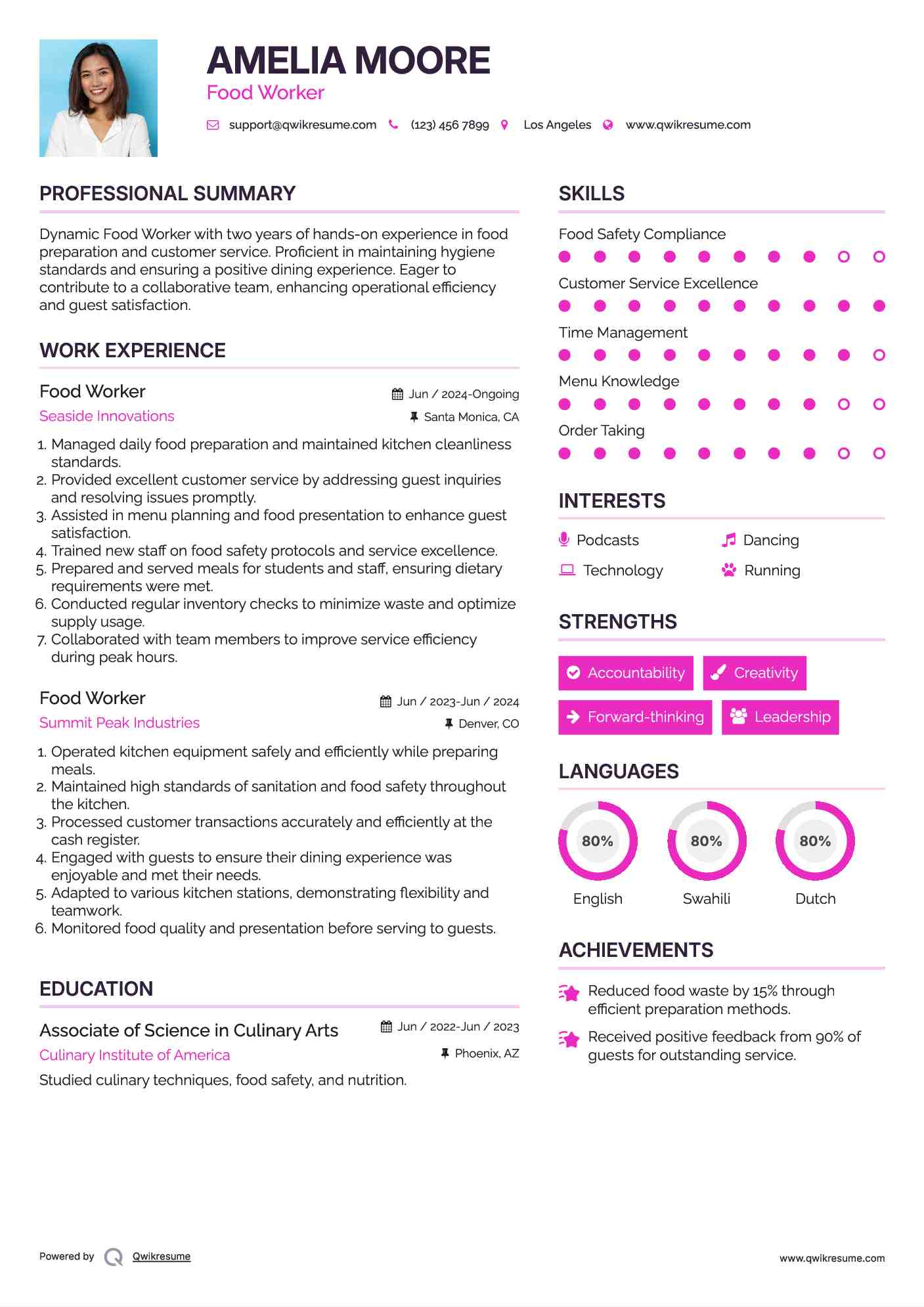 Food Worker Resume Samples QwikResume