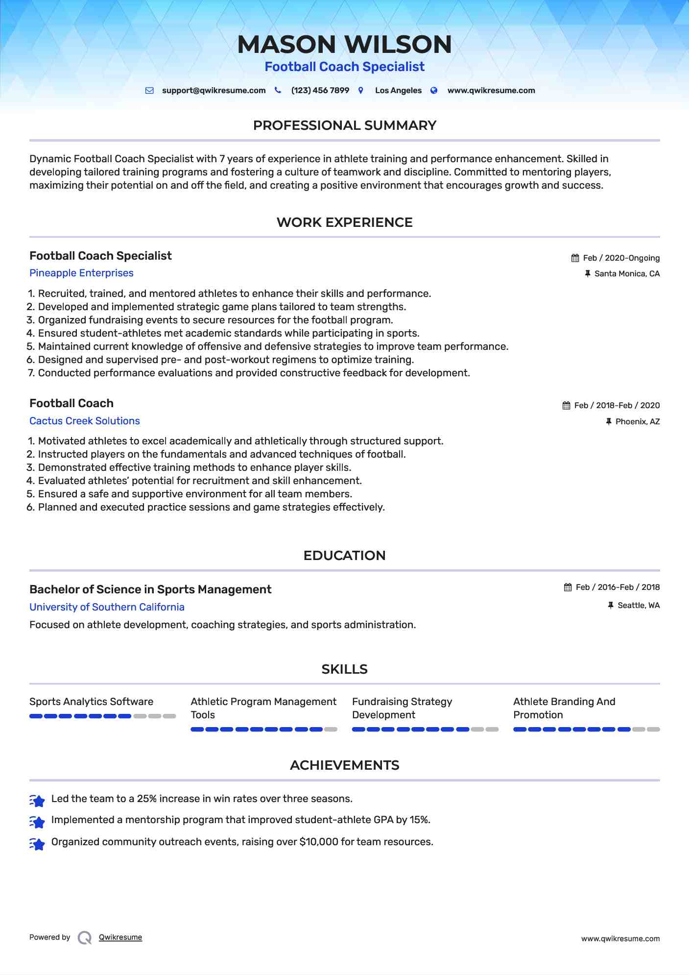 Football Coach Resume Samples QwikResume