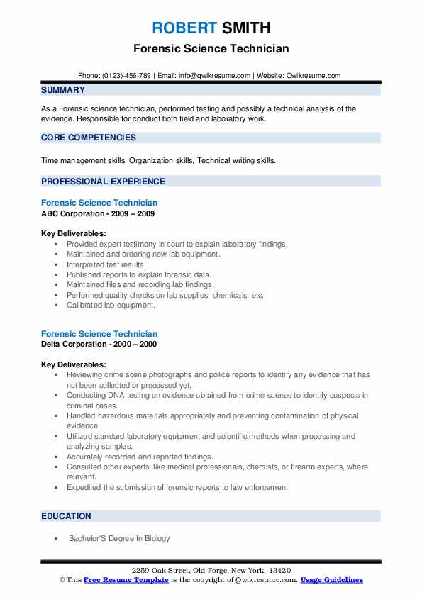 Forensic Science Technician Resume Samples | QwikResume