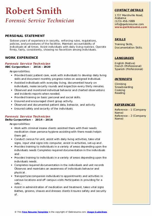 Forensic Service Technician Resume Samples | QwikResume