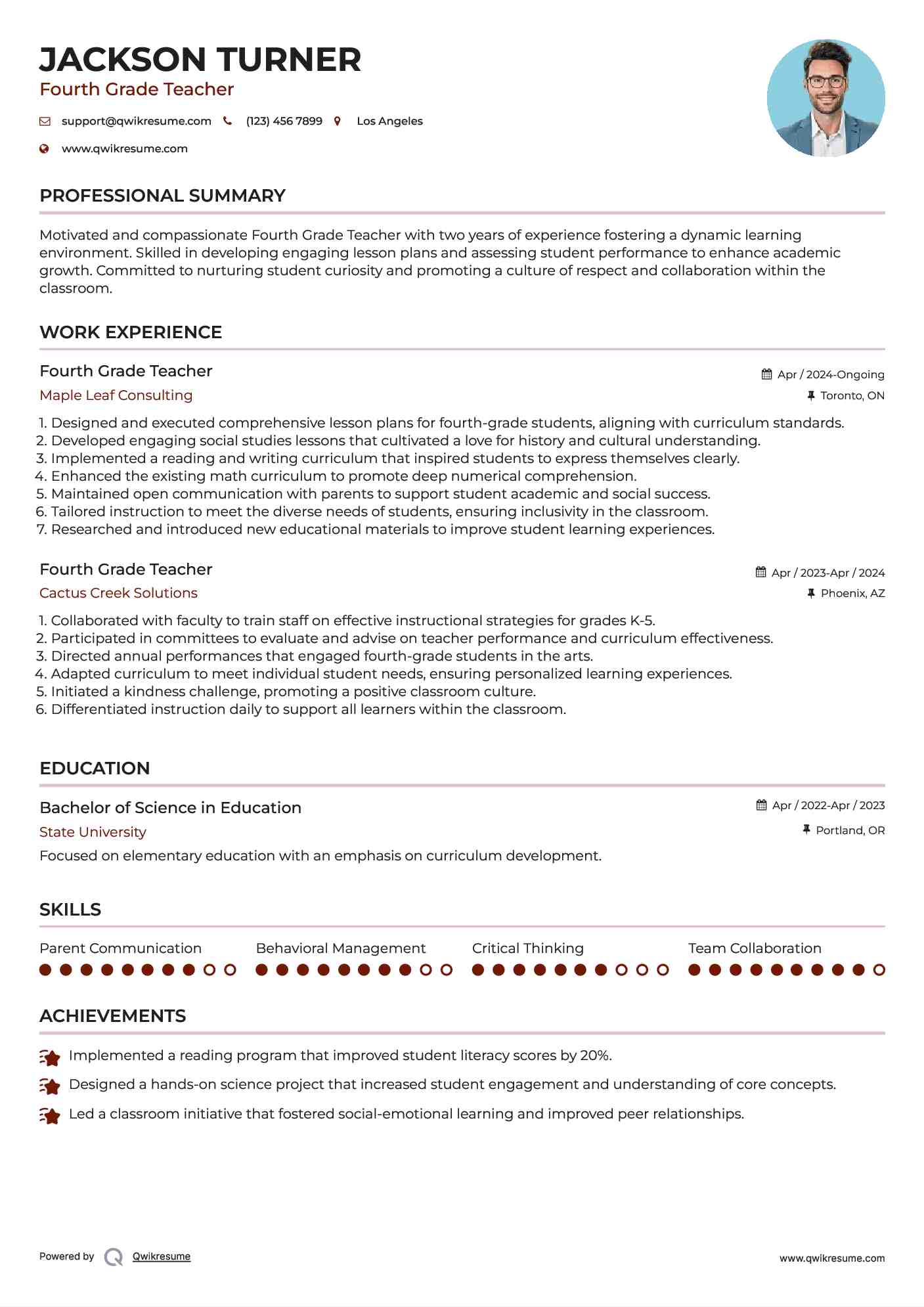 Fourth Grade Teacher Resume Samples QwikResume