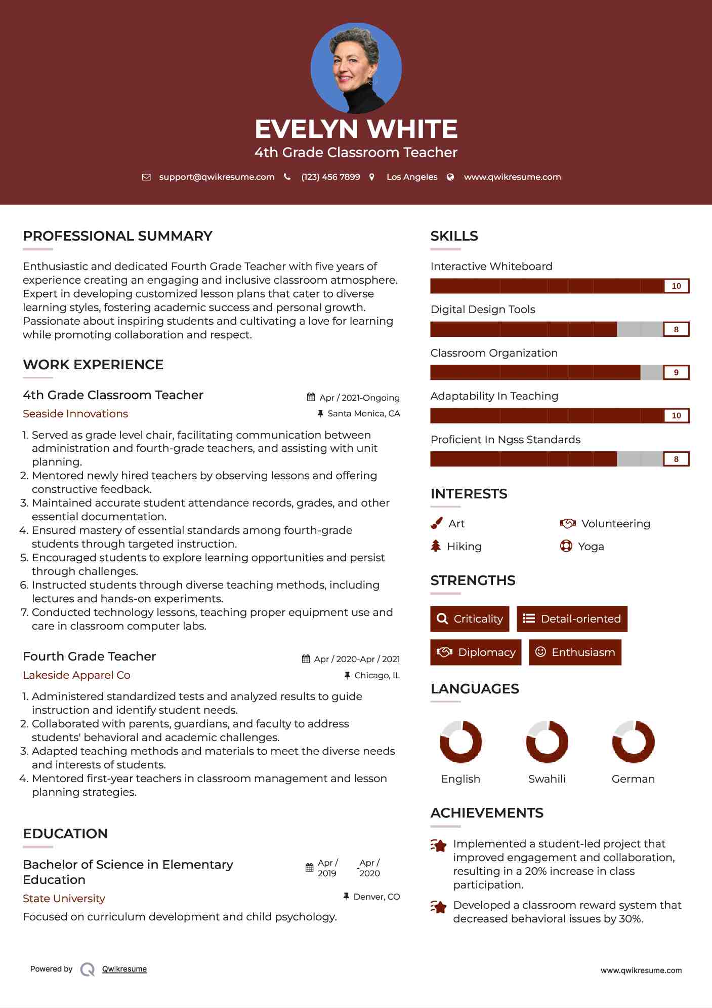 Fourth Grade Teacher Resume Samples QwikResume