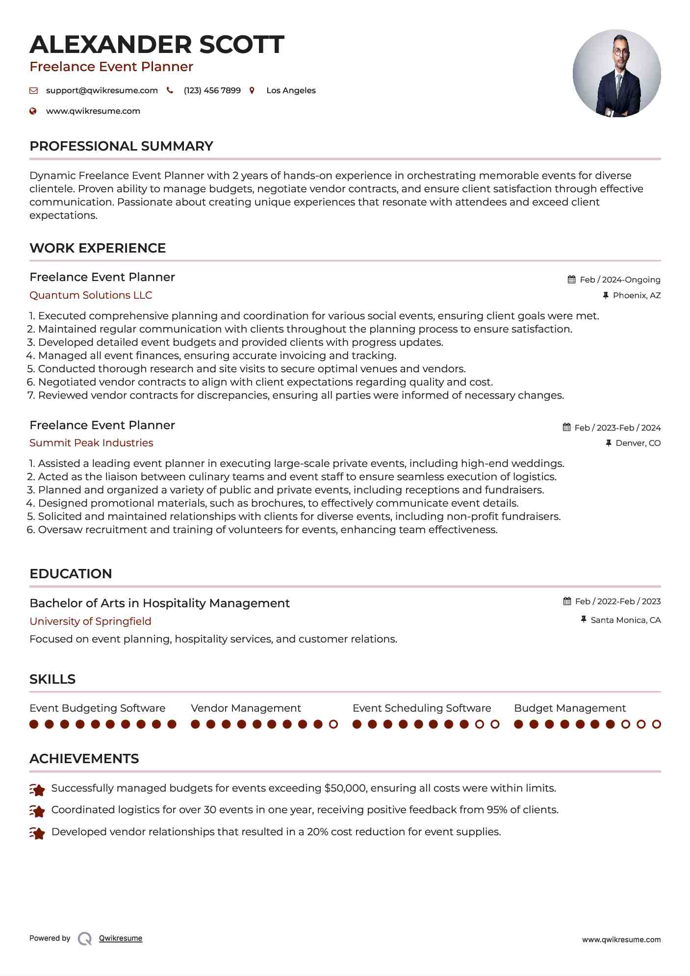 Freelance Event Planner Resume Samples QwikResume