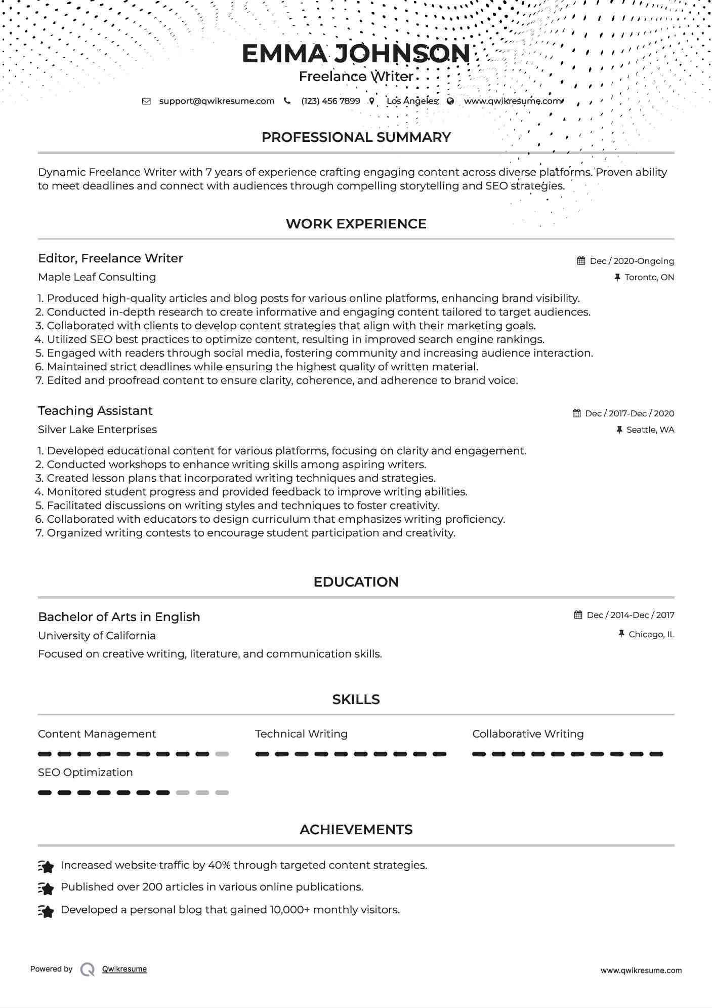 Freelance Writer Resume Samples QwikResume