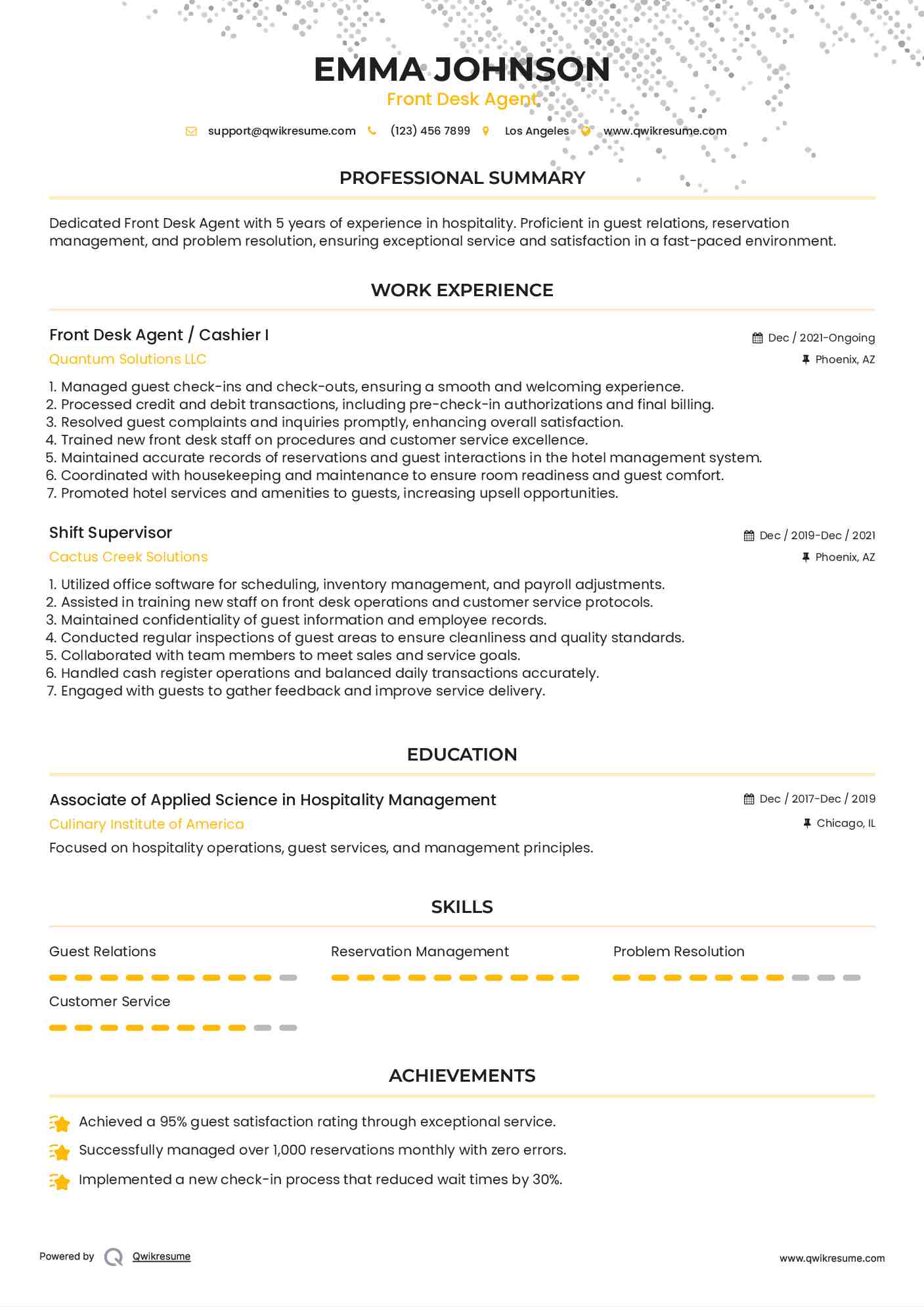 Front Desk Agent Resume Samples QwikResume