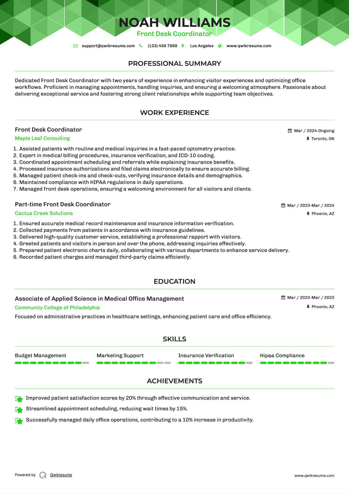 Front Desk Coordinator Resume Samples QwikResume