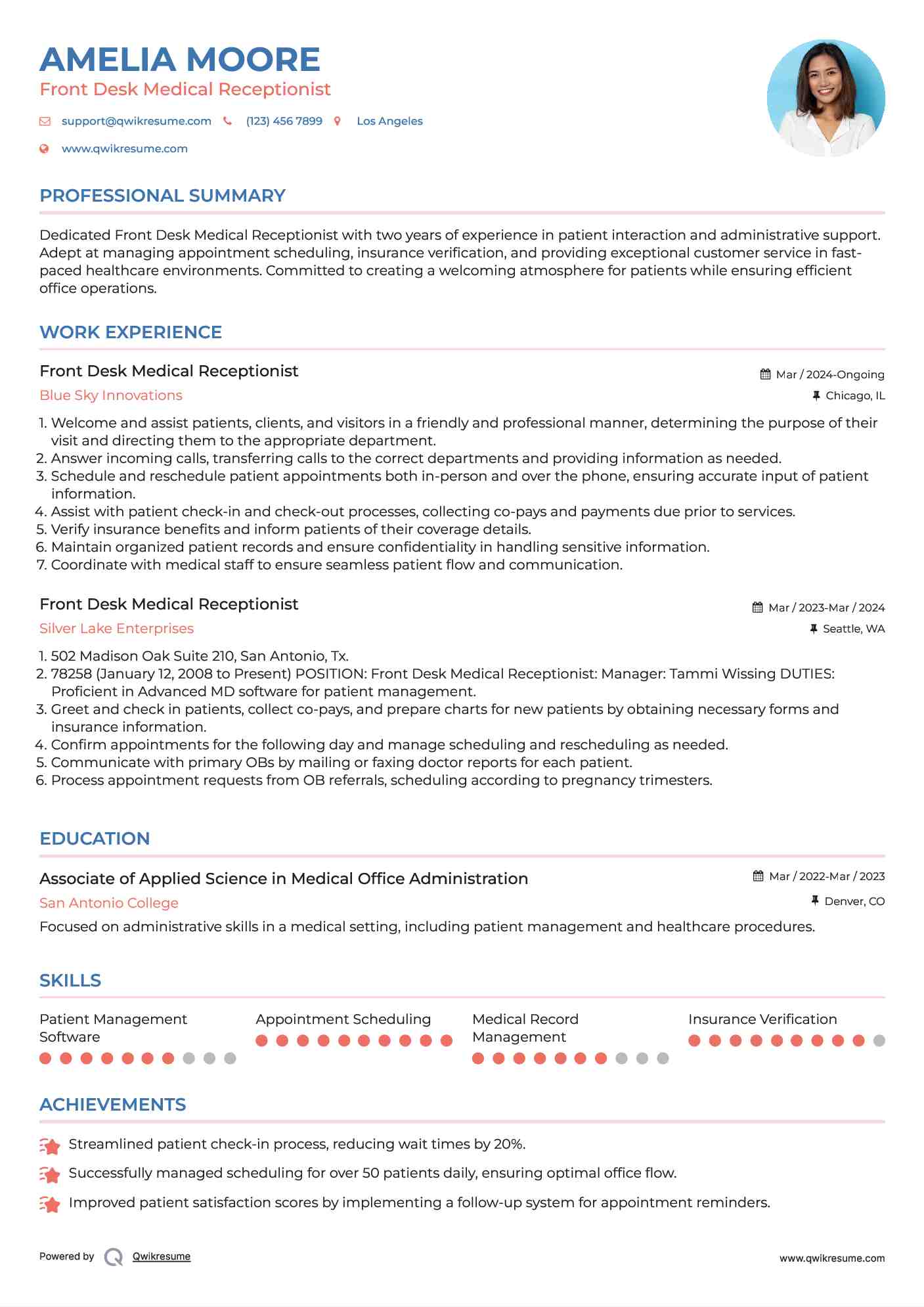 Front Desk Medical Receptionist Resume Samples QwikResume