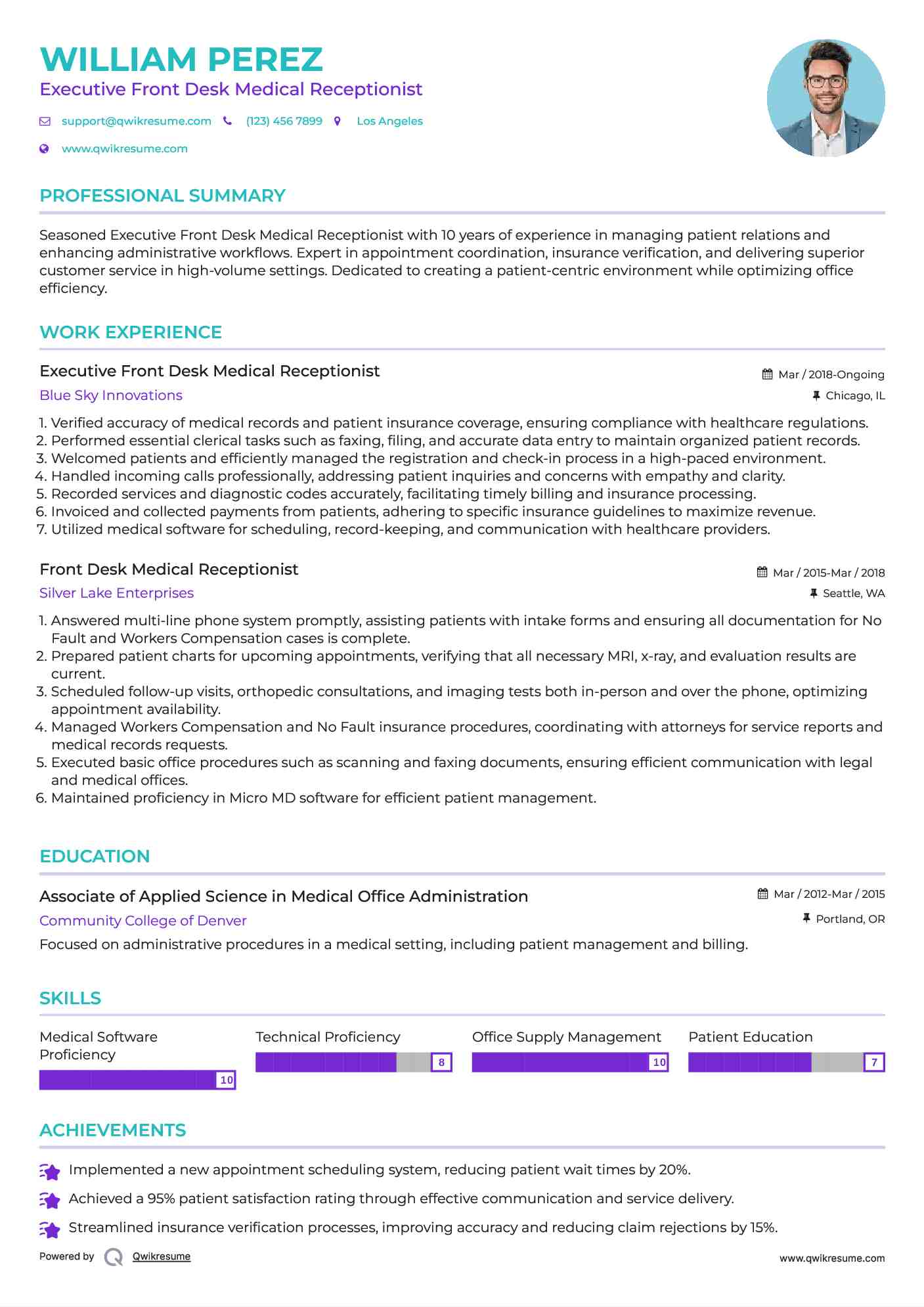 Front Desk Medical Receptionist Resume Samples QwikResume