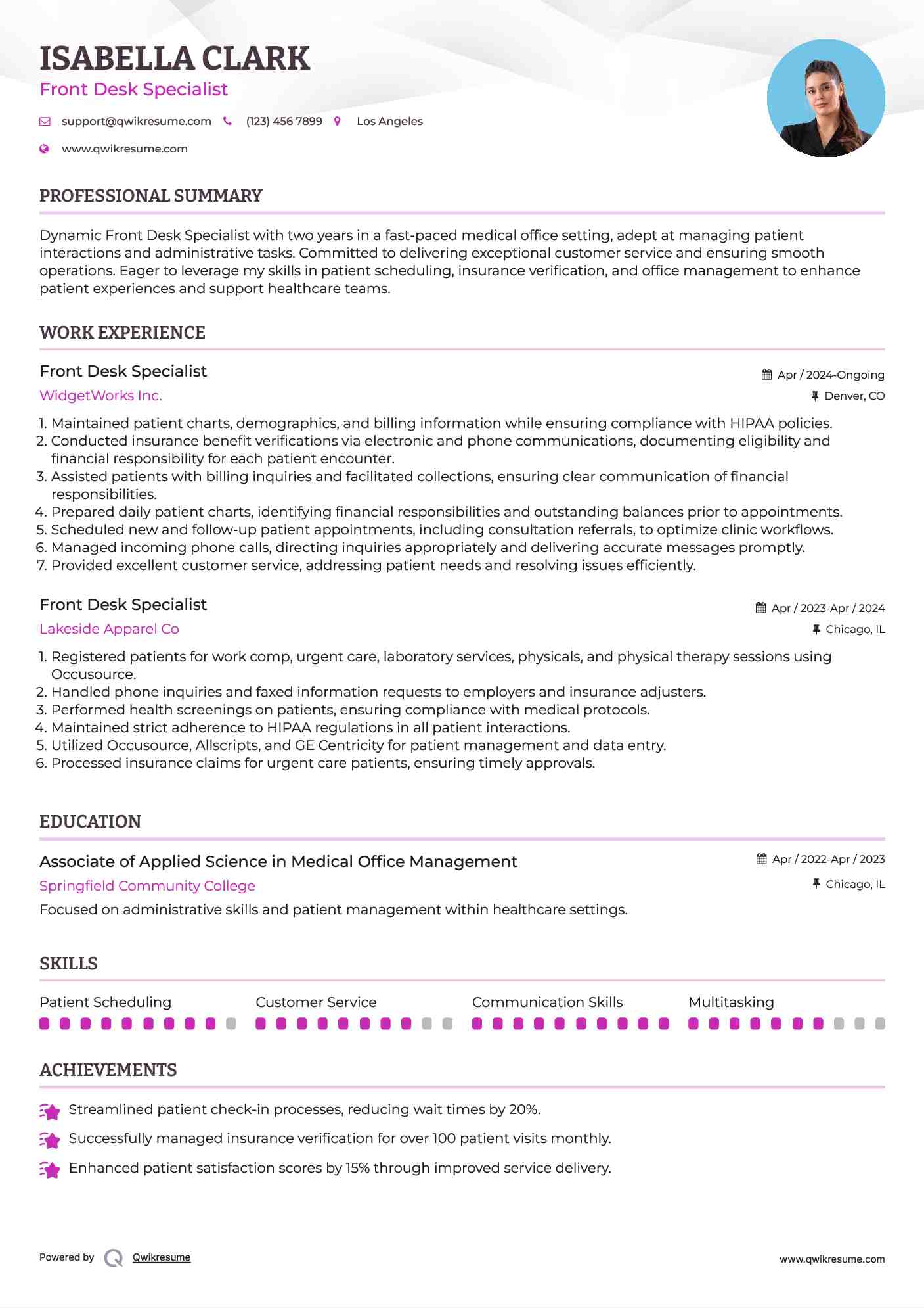 Front Desk Specialist Resume Samples QwikResume