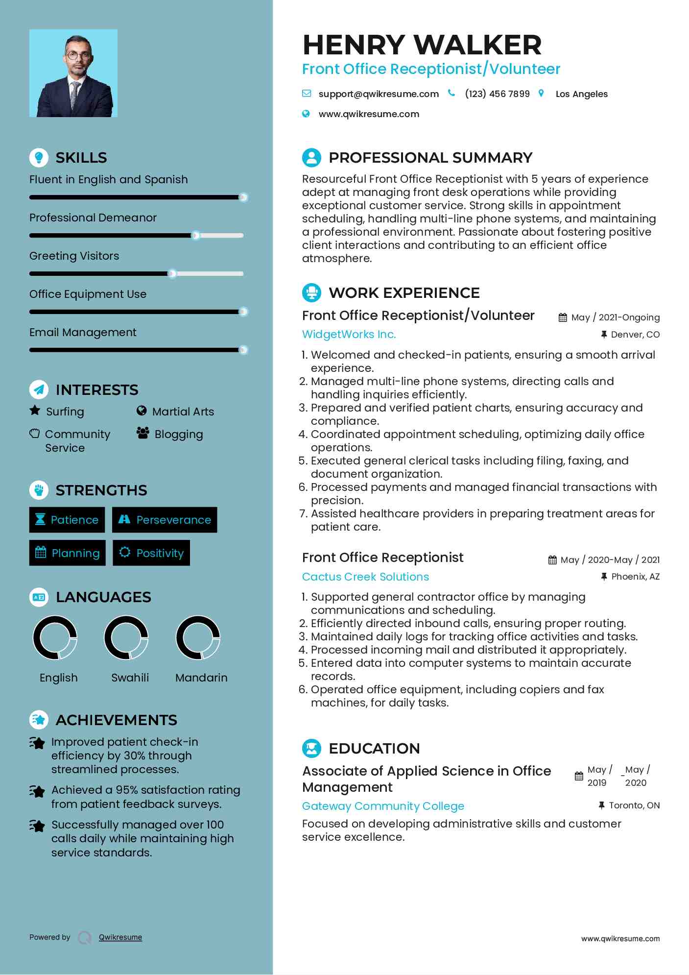 Front Office Receptionist Resume Samples | Qwikresume