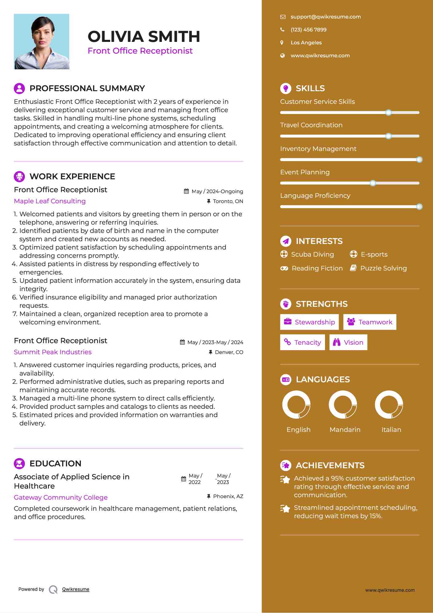 Front Office Receptionist Resume Samples QwikResume