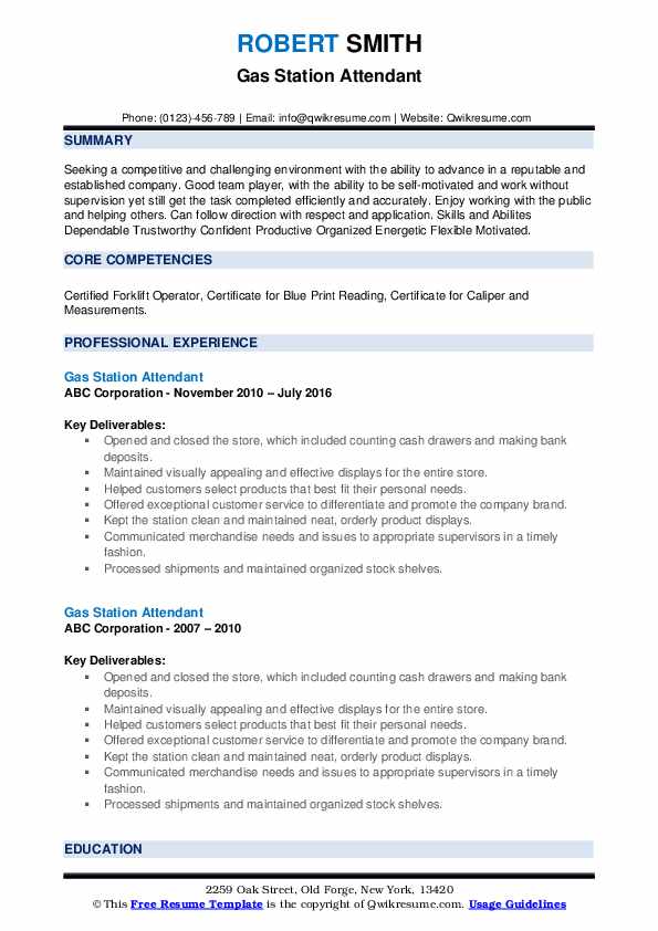 Gas Station Attendant Resume Samples QwikResume