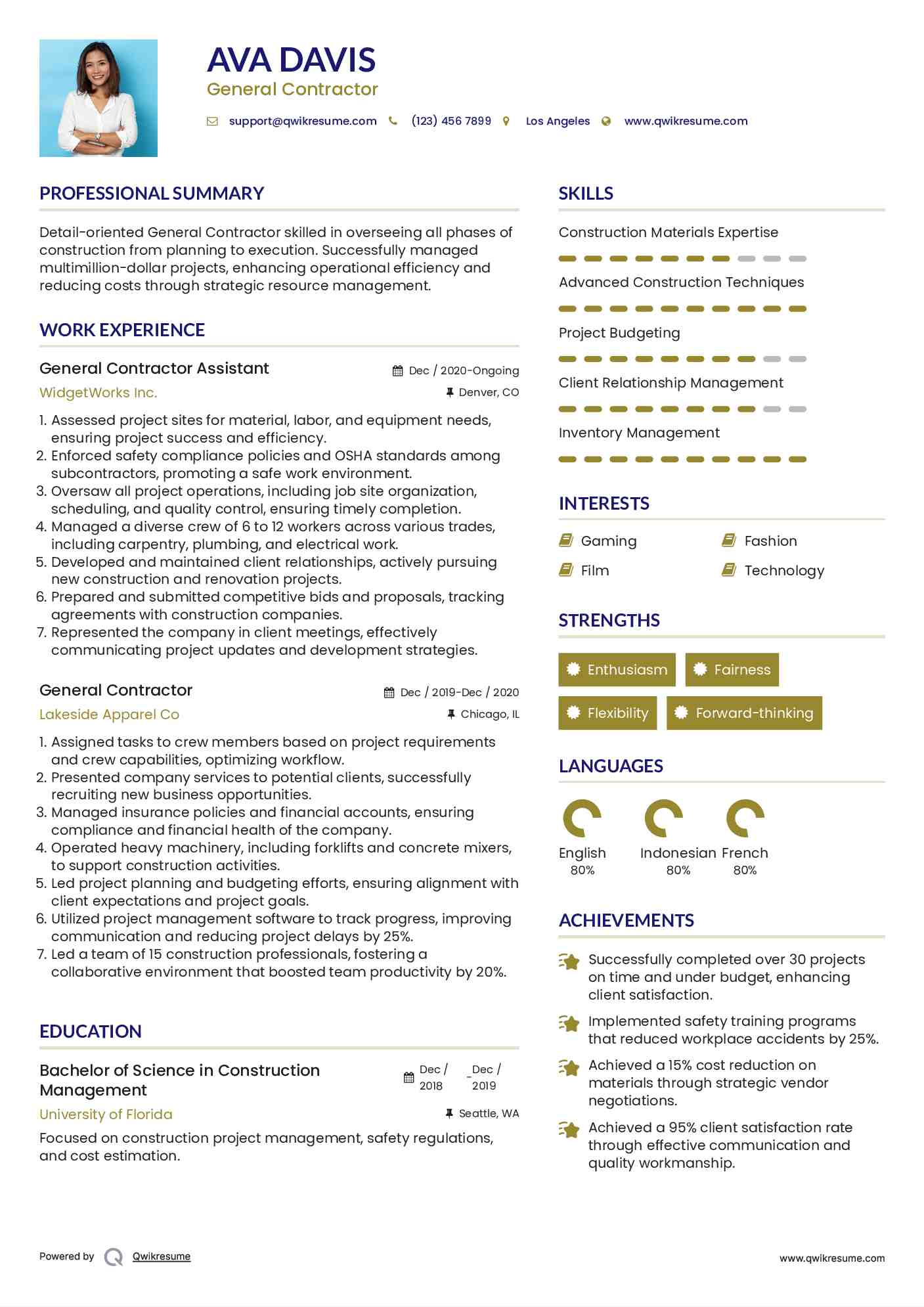 General Contractor Resume Samples QwikResume