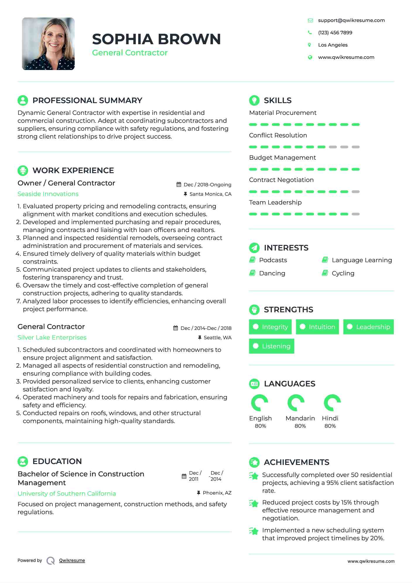 General Contractor Resume Samples QwikResume