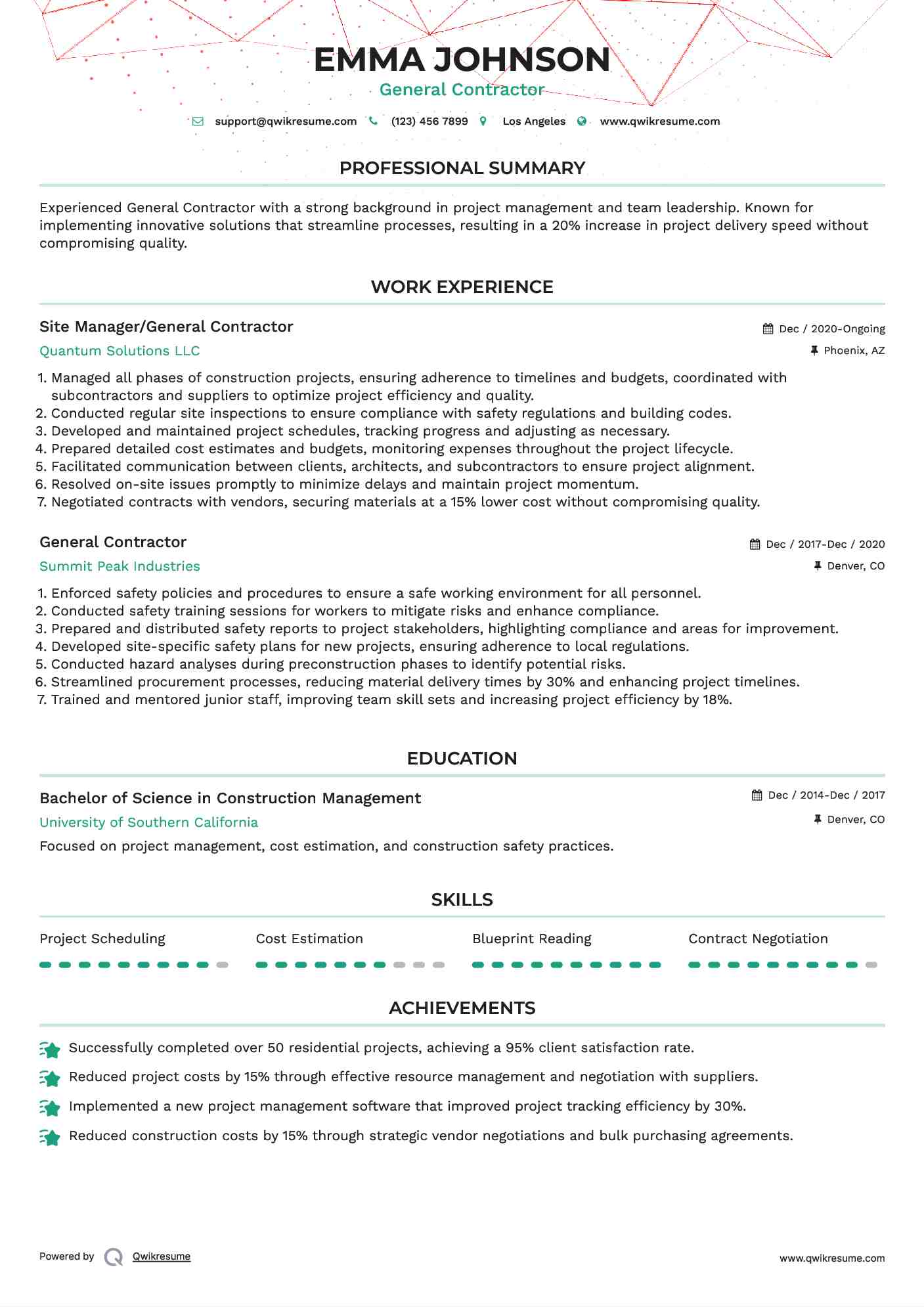 General Contractor Resume Samples QwikResume