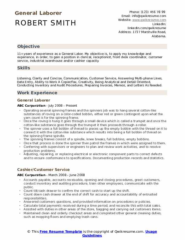 General Labor Resume Samples QwikResume