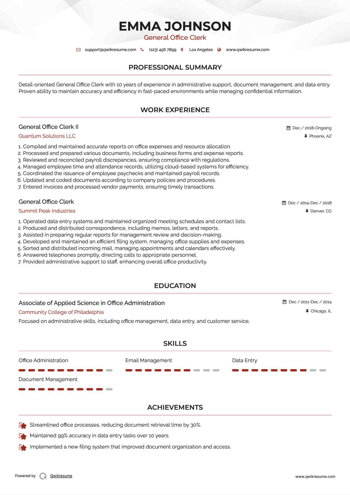 10+ General Office Clerk Resume Samples & Templates For 2025