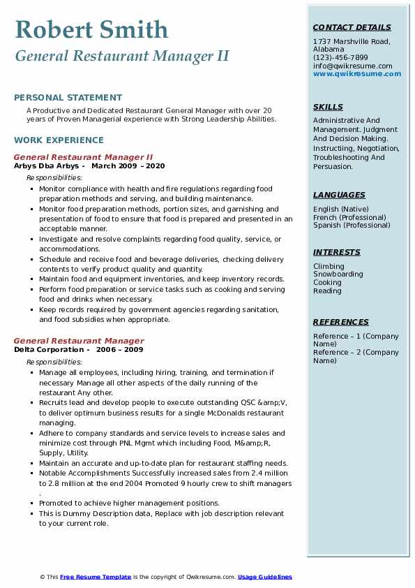 General Restaurant Manager Resume Samples QwikResume