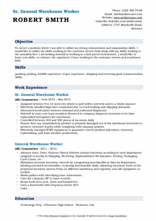 General Warehouse Worker Resume Samples | QwikResume