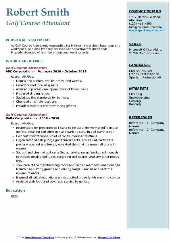 Golf Course Attendant Resume Samples | QwikResume