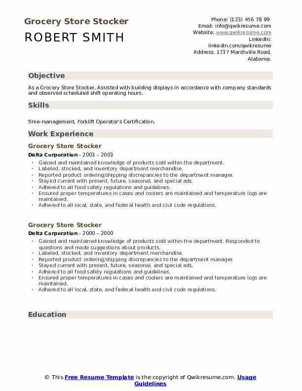 Grocery Store Stocker Resume Samples | QwikResume