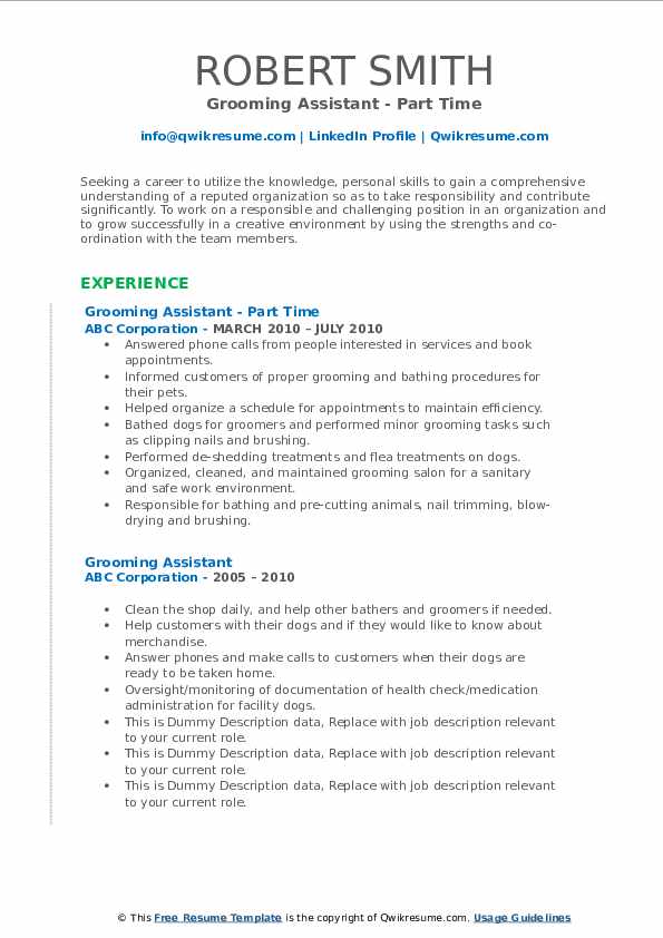 Grooming Assistant Resume Samples | QwikResume