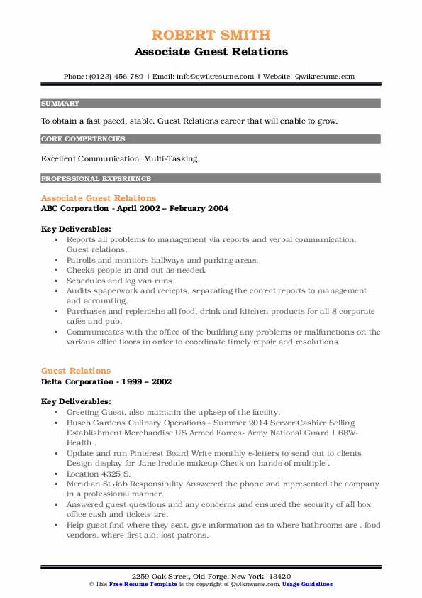 Guest Relations Resume Samples | QwikResume