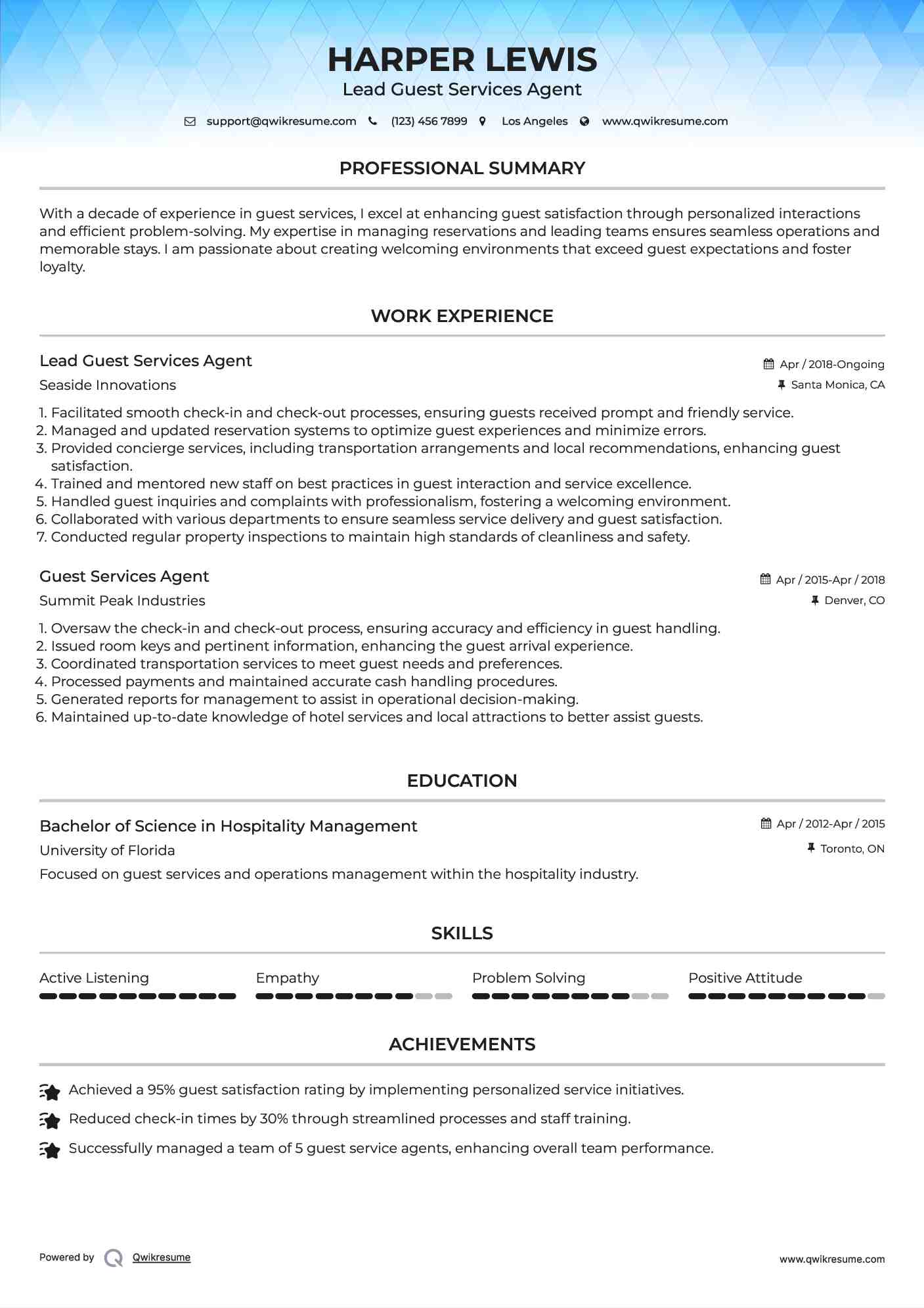 Guest Services Agent Resume Samples QwikResume