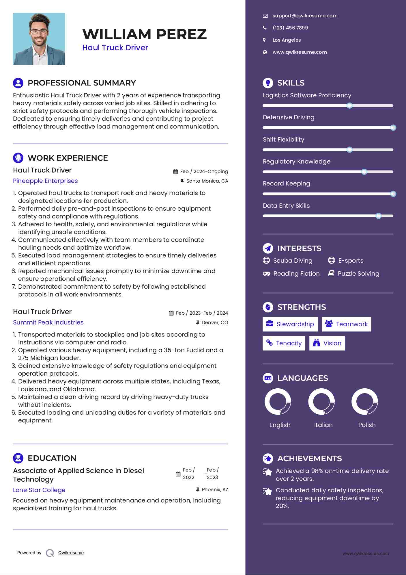 Haul Truck Driver Resume Samples QwikResume