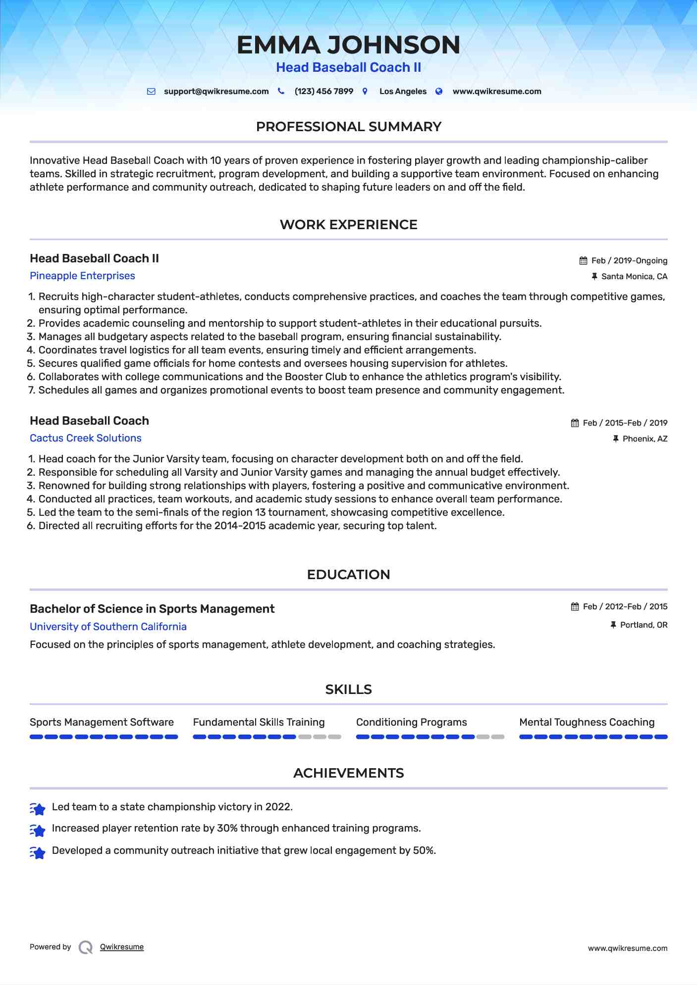 Head Baseball Coach Resume Samples QwikResume