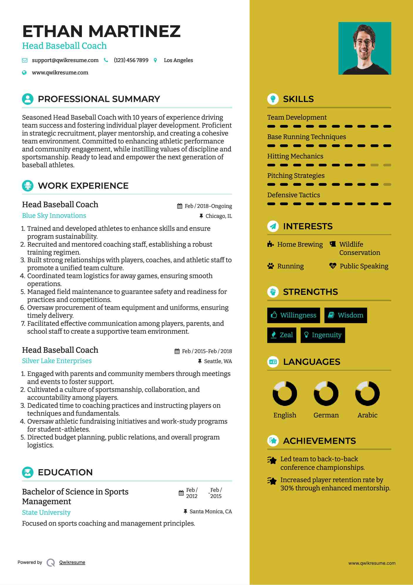 Head Baseball Coach Resume Samples QwikResume