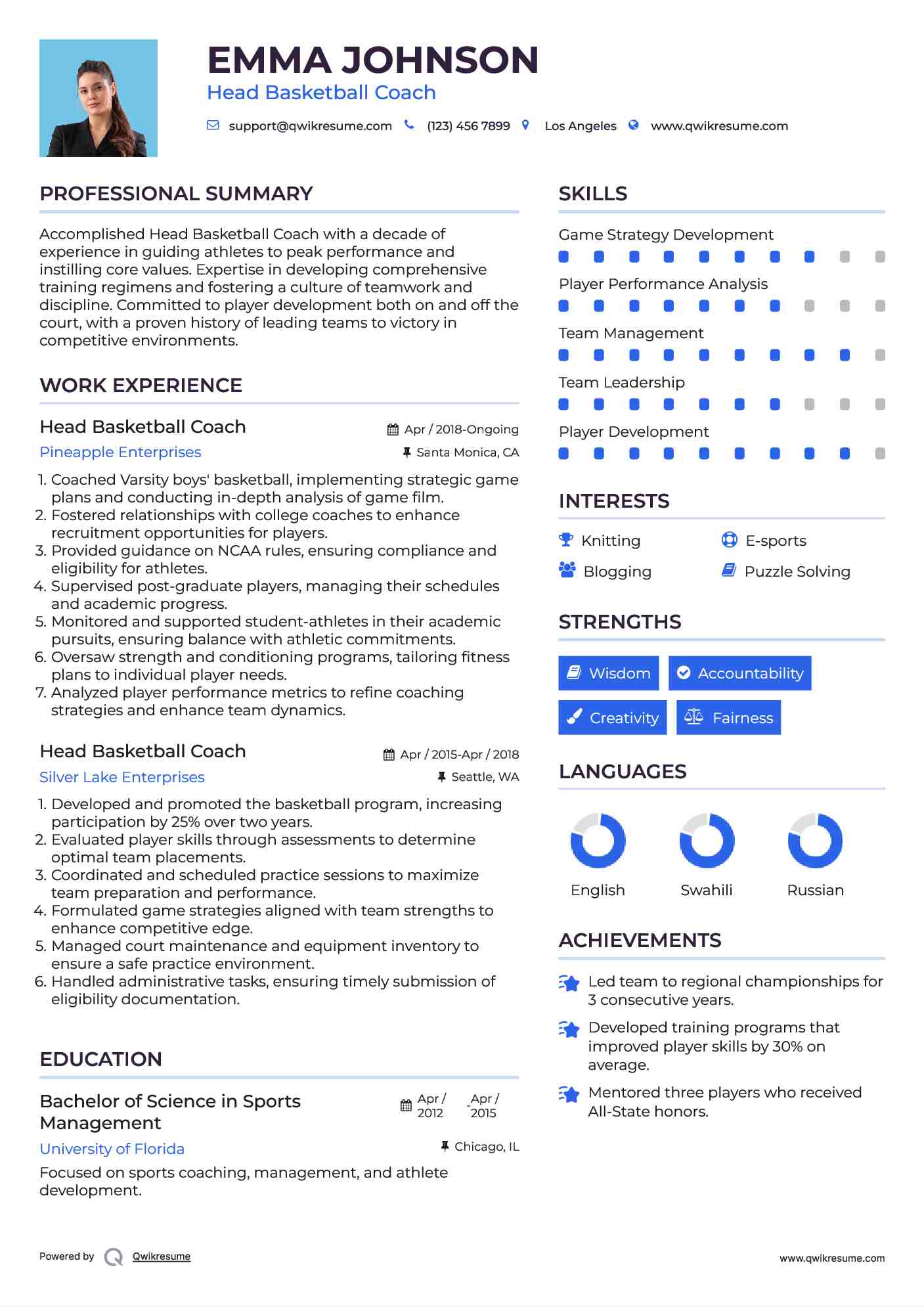 Head Basketball Coach Resume Samples QwikResume