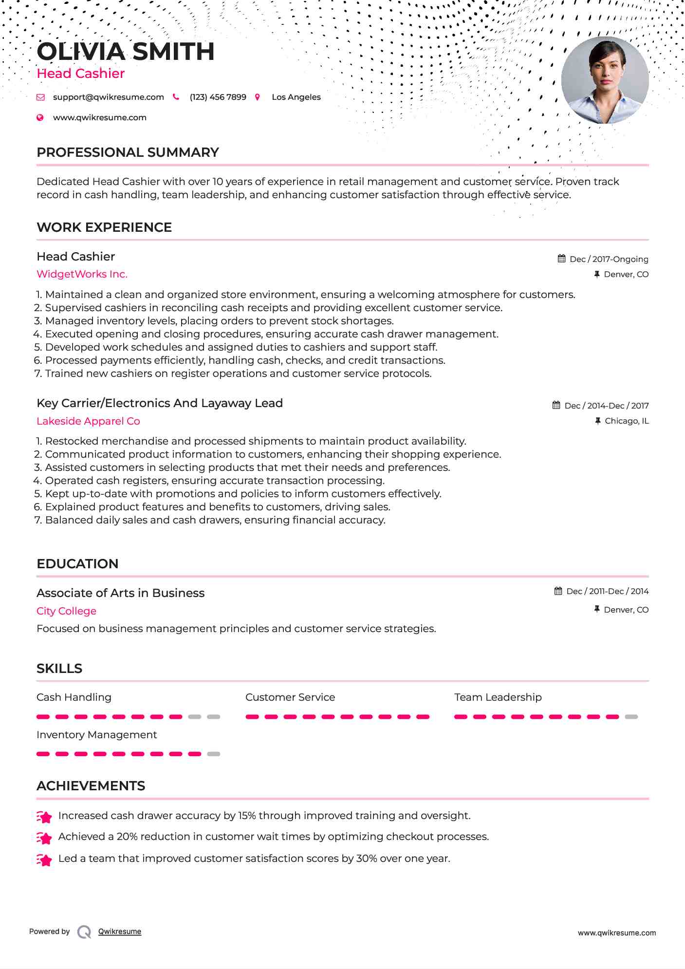 Head Cashier Resume Samples QwikResume