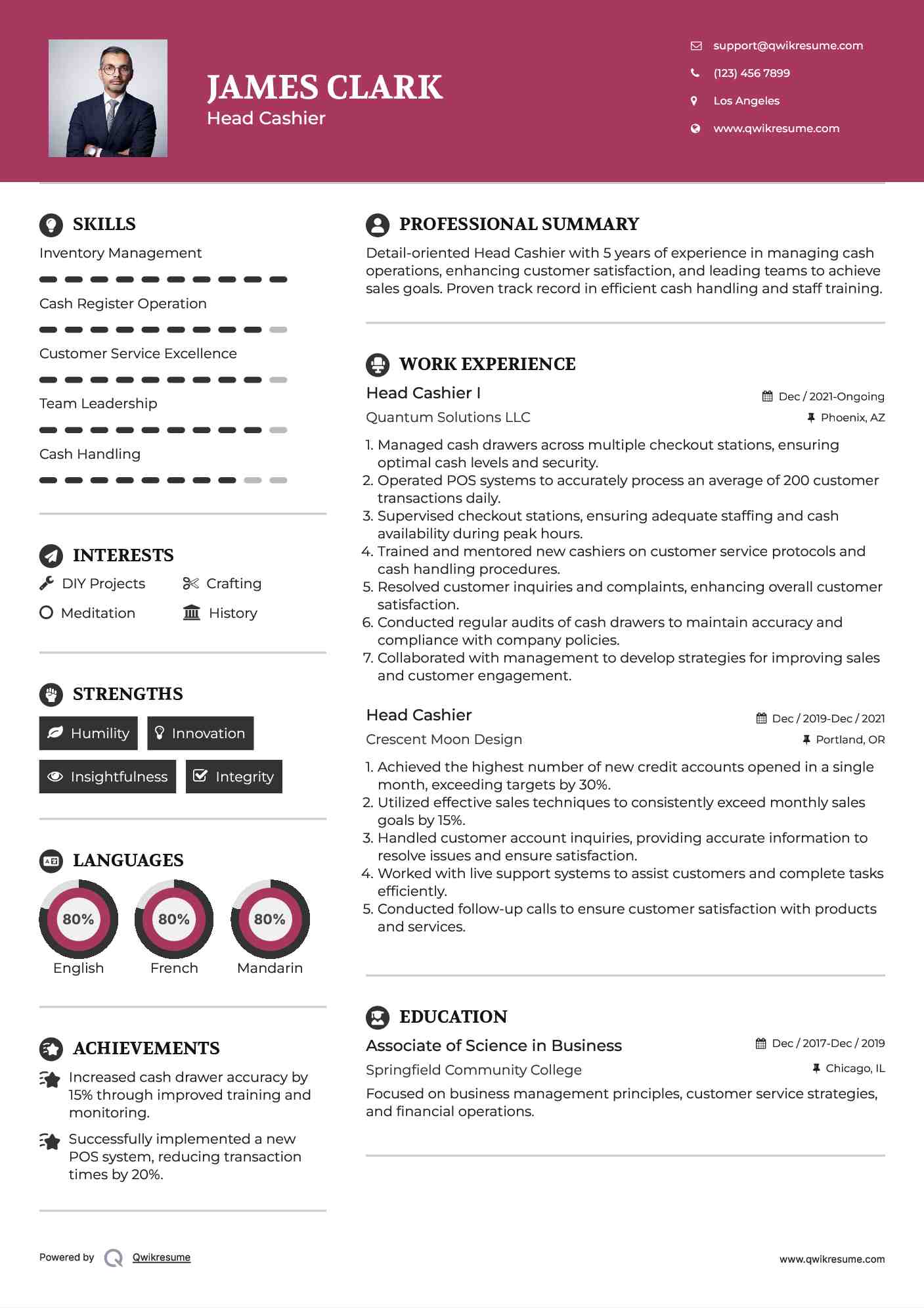 Head Cashier Resume Samples QwikResume