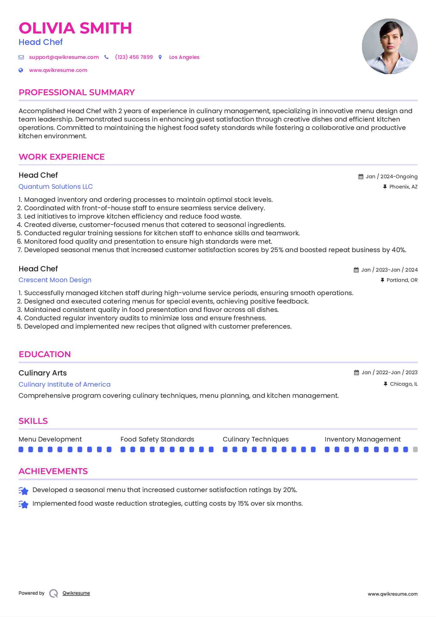 Head Chef Resume Samples QwikResume