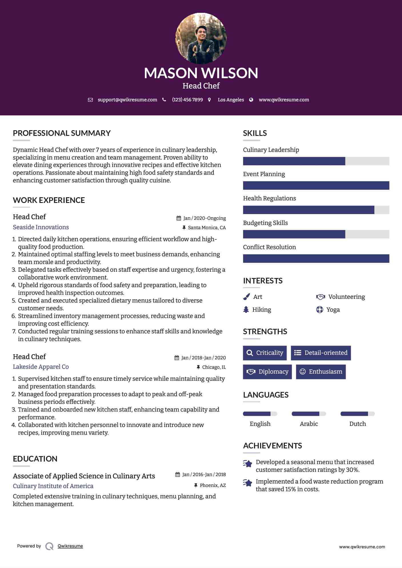 Head Chef Resume Samples QwikResume