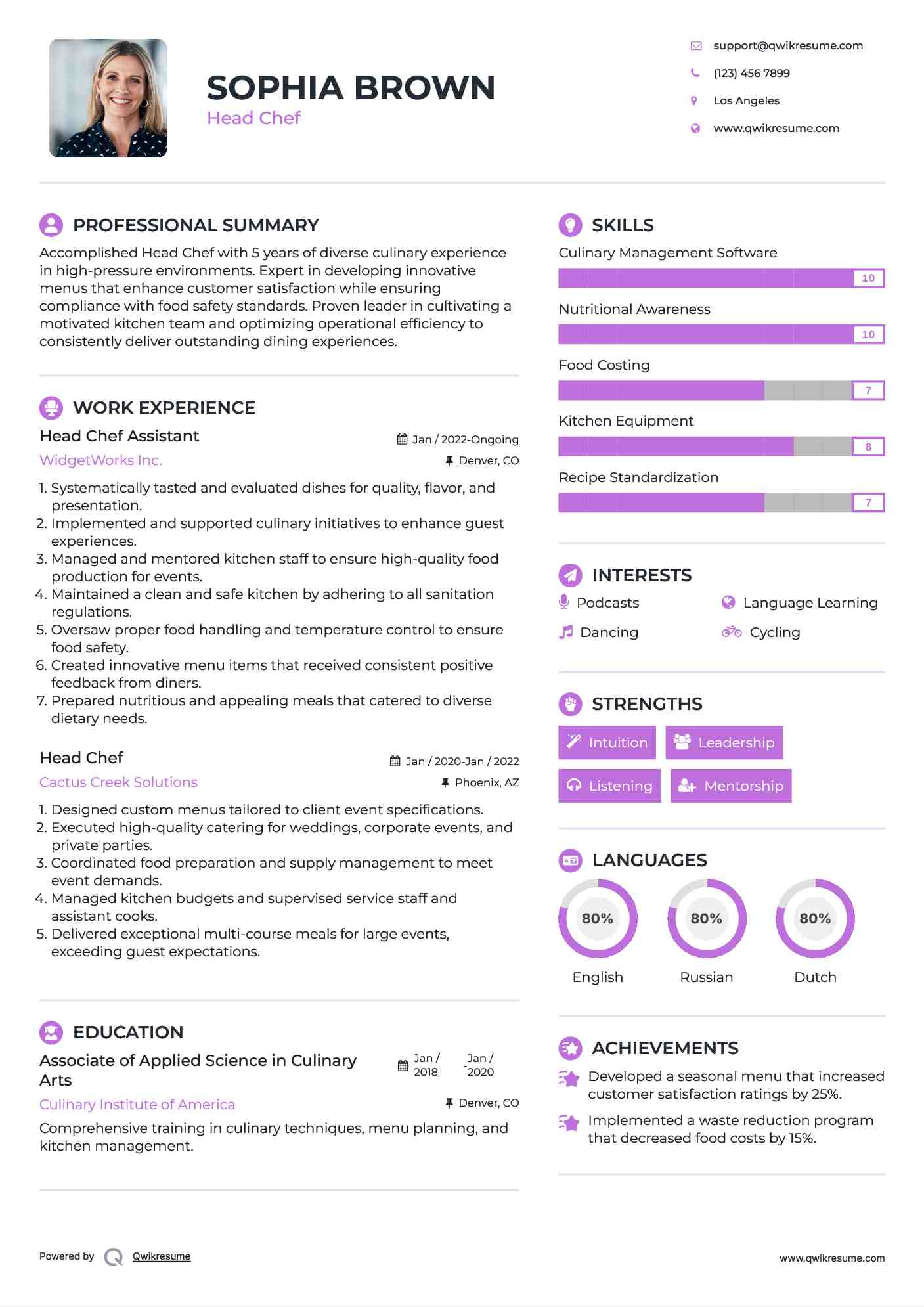 Head Chef Resume Samples QwikResume