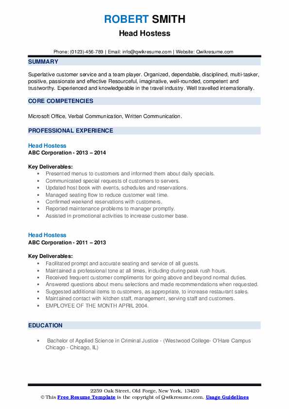 Head Hostess Resume Samples | QwikResume