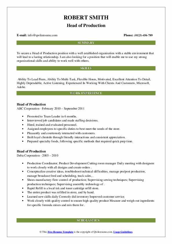 Head of Production Resume Samples | QwikResume