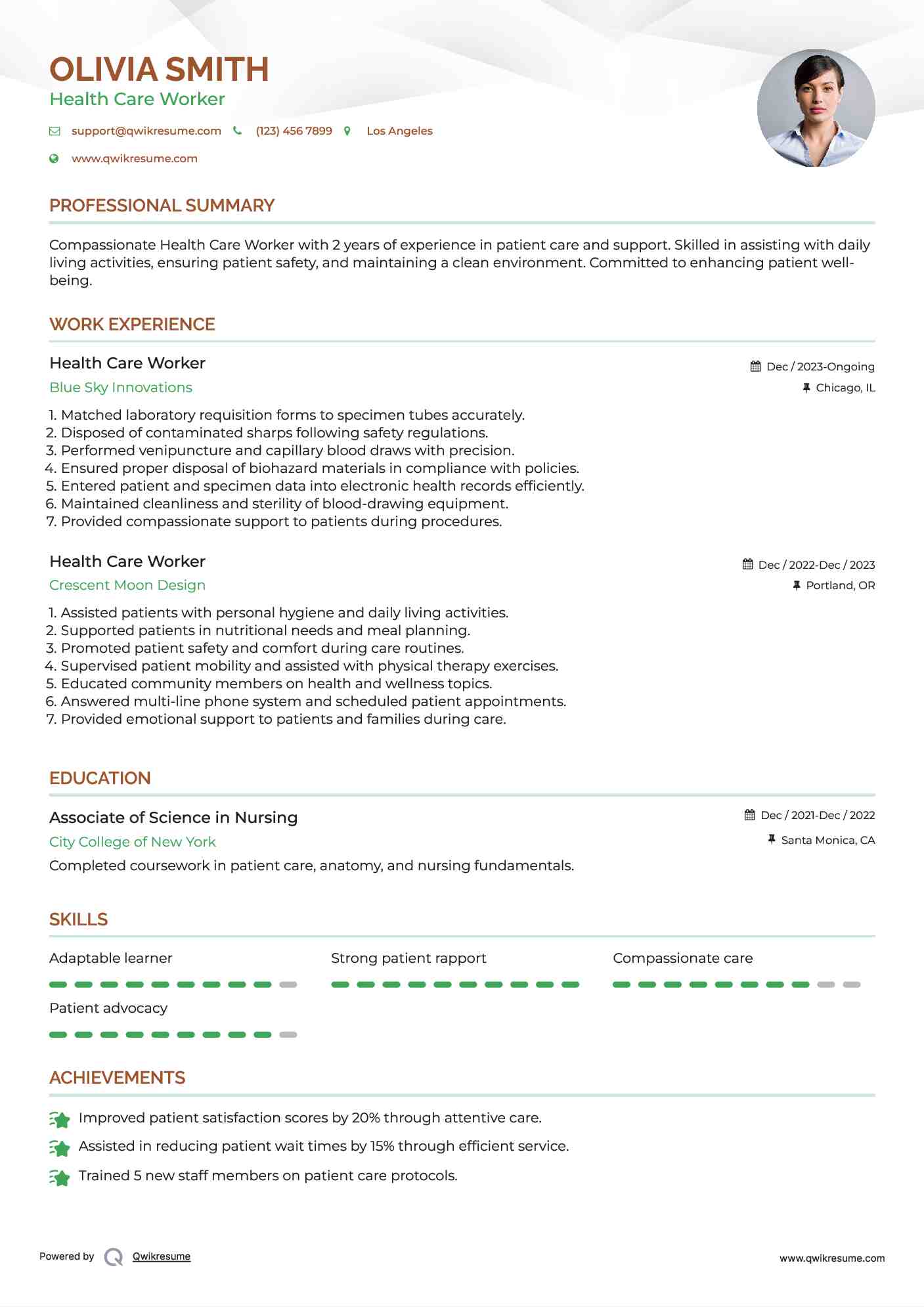 Health Care Worker Resume Samples QwikResume