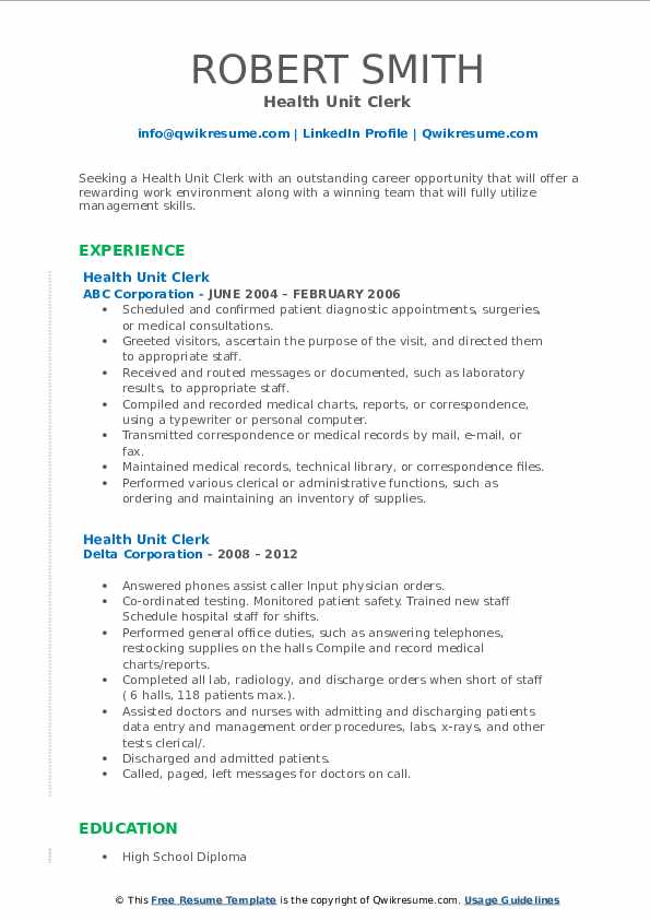 Health Unit Clerk Resume Samples | QwikResume