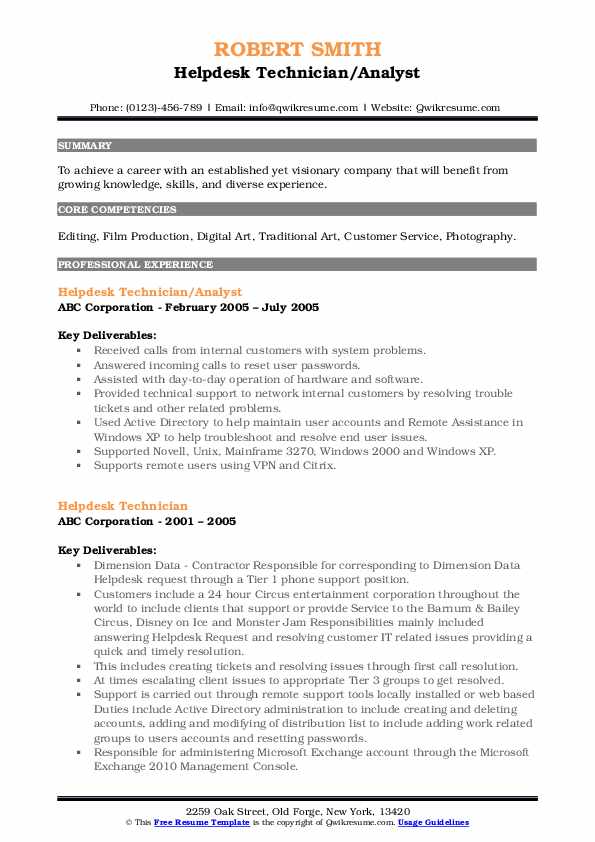 Helpdesk Technician Resume Samples | QwikResume