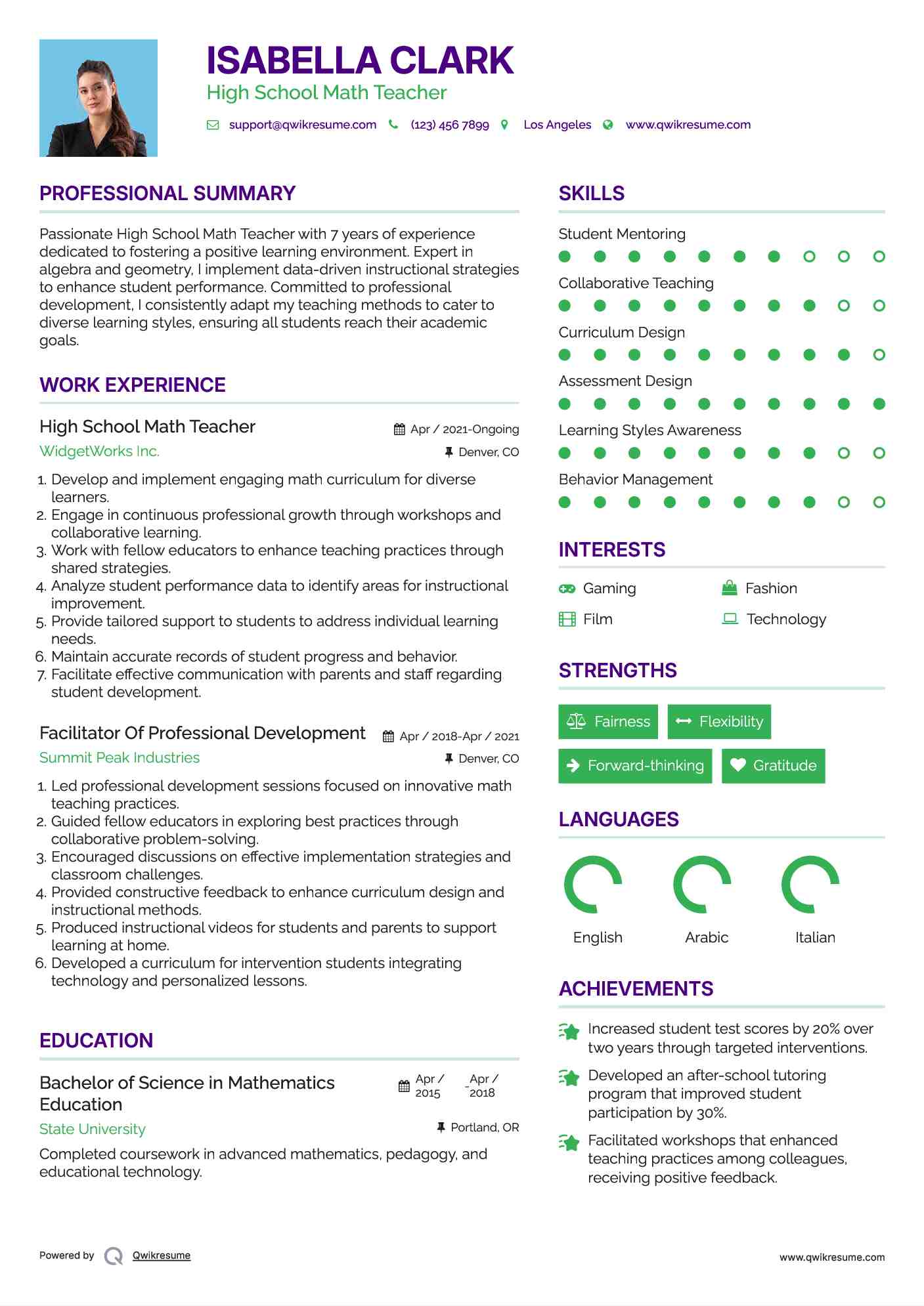 High School Math Teacher Resume Samples QwikResume