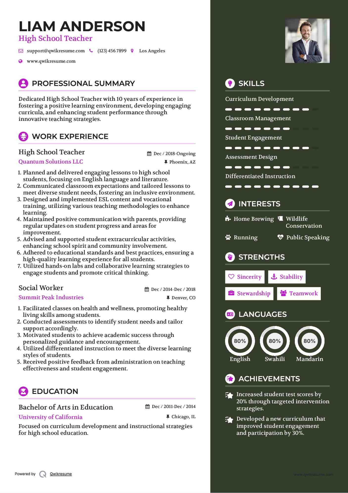 High School Teacher Resume Samples QwikResume