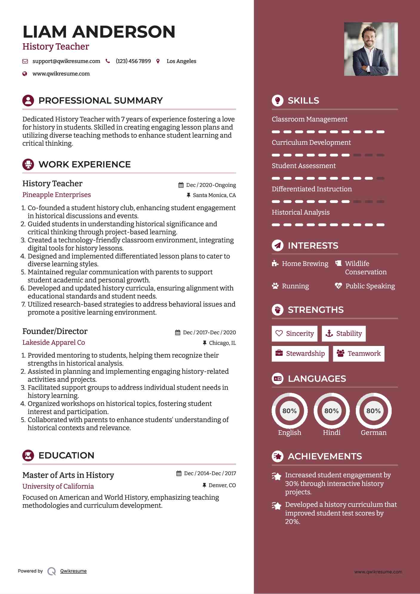 History Teacher Resume Samples QwikResume