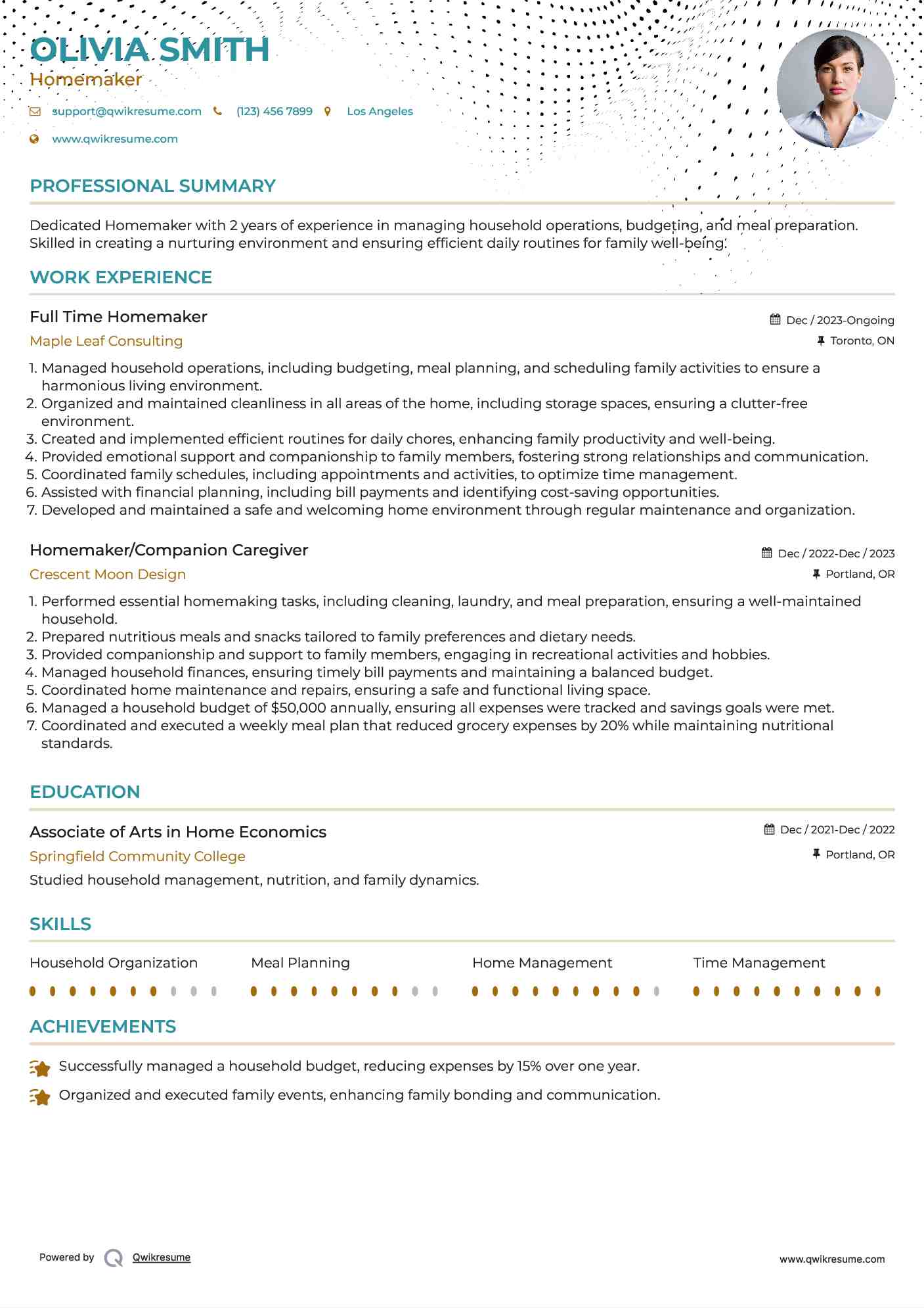 Homemaker Resume Samples QwikResume